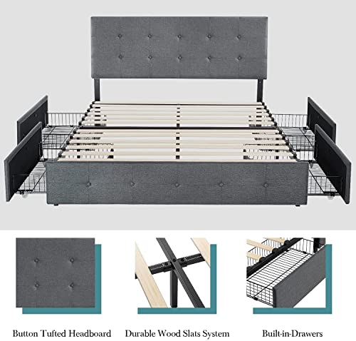 HOOMIC King Size Platform Bed Frame with 4 Storage Drawers, Adjustable Headboard, Square Stitched Button Tufted Design with Wooden Slats, No Box Spring Needed, Dark Grey