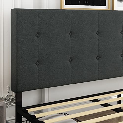 HOOMIC King Size Platform Bed Frame with 4 Storage Drawers, Adjustable Headboard, Square Stitched Button Tufted Design with Wooden Slats, No Box Spring Needed, Dark Grey