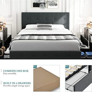 HOOMIC King Size Platform Bed Frame with 4 Storage Drawers, Adjustable Headboard, Square Stitched Button Tufted Design with Wooden Slats, No Box Spring Needed, Dark Grey