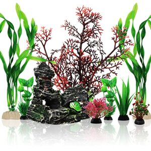 pietypet fish tank decorations plants with resin cave rock view, 9pcs aquarium decorations plants plastic,fish tank accessories, fish cave and hideout ornaments, aquarium decor