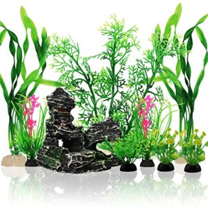 fish tank accessories aquarium decorations plants, 9pcs green fish tank decorations plants and cave rock decoration decor set, fish tank decor, aquarium decor plastic plants