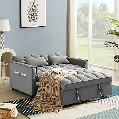 Merax Convertible Velvet Sleeper Sofa Bed, 55.2" Velvet Loveseat Modern Adjustable Pull Out Lounge Chaise Armchair with 2 Lumbar Pillows for Home Office