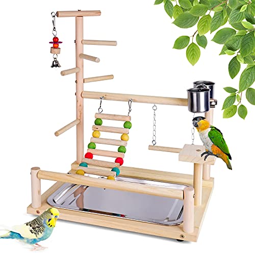 Joyeee Parrot Bird Playground, Wooden Pet Birds Stand Platform Perches Shelf Play Gym with Ladder Swing, Activity Center for Small Cockatoo Parakeet Macaw Budgies Finches Training Playing Biting#9