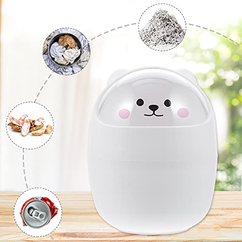 SEWACC Desktop Trash Can Cute Cartoon Table Garbage Storage Can Mini Desktop Wastebasket with Lid Small Office Countertop Garbage Can for Home Office (White)