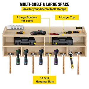 VEVOR Power Tool Organizer, Wall Mount Drill Holder, 10 Drill Hanging Slots Drill Charging Station, 2 Shelf Cordless Drill Storage, Polished Plywood Toolbox for Saw, Impact Wrench, Screwdriver Drill