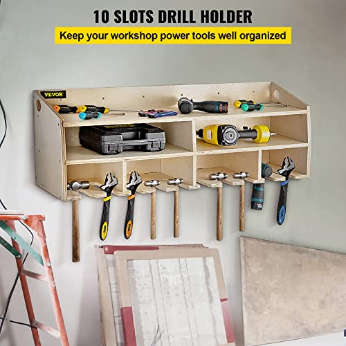 VEVOR Power Tool Organizer, Wall Mount Drill Holder, 10 Drill Hanging Slots Drill Charging Station, 2 Shelf Cordless Drill Storage, Polished Plywood Toolbox for Saw, Impact Wrench, Screwdriver Drill