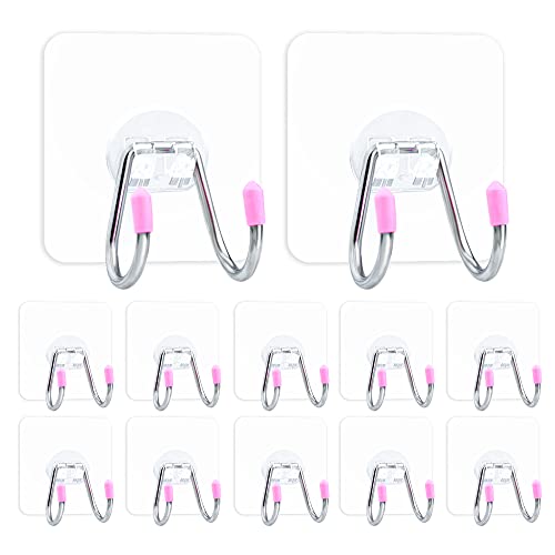 Adhesive Double Hook Wall Hooks, 12 Pack Heavy Duty Nailless Adhesive Hooks - Max 13lbs Capacity, Stainless Steel Non-Marking Bathroom Kitchen Reusable Water and Oil Resistant Seamless Hook Wall Hooks