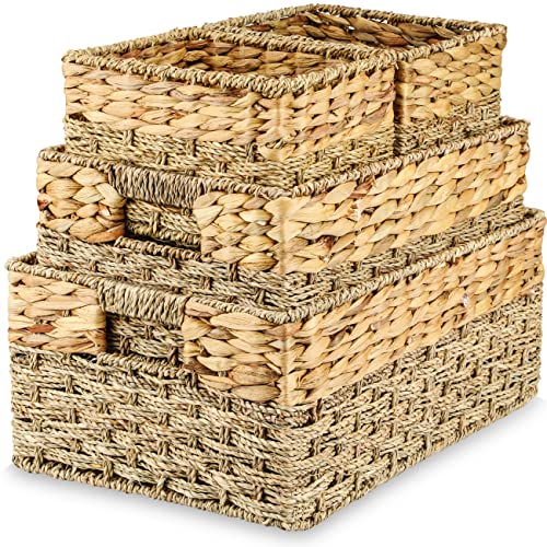 Graciadeco Pantry Organization and Storage Baskets for Shelves Nesting Hand-Woven Water Hyacinth & Seagrass Baskets for Organizing Kitchen with Handles, 4 Sets