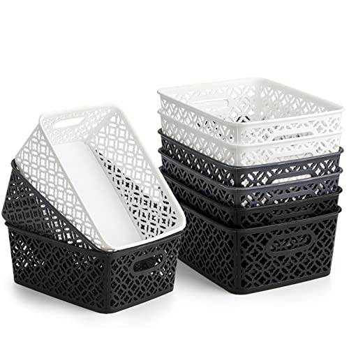 ZEAYEA 9 Pack Plastic Storage Basket, Small Pantry Organizer Bins, Shelf Baskets with Handles for Cabinets Bedroom Kitchen Bathroom office Countertop Closet, 9.8" L x 7.8" W x 4" H