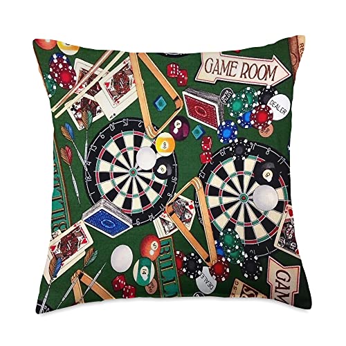 Game Room Billiards Darts & Cards Throw Pillow, 18x18, Multicolor