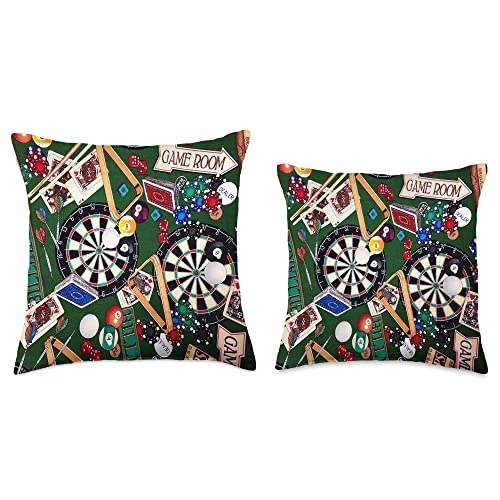 Game Room Billiards Darts & Cards Throw Pillow, 18x18, Multicolor