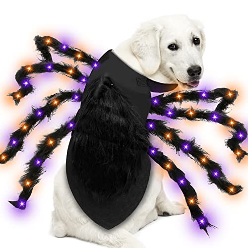 Camlinbo 24 LED Spider Dog Dinosaur Halloween Costume for Small Medium Large Dogs, Furry Giant Spider with Orange Purple Lights Puppy Pet Costume Outfits Clothes Funny Halloween Costume Party Cosplay