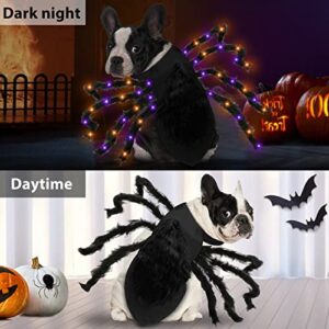 Camlinbo 24 LED Spider Dog Dinosaur Halloween Costume for Small Medium Large Dogs, Furry Giant Spider with Orange Purple Lights Puppy Pet Costume Outfits Clothes Funny Halloween Costume Party Cosplay