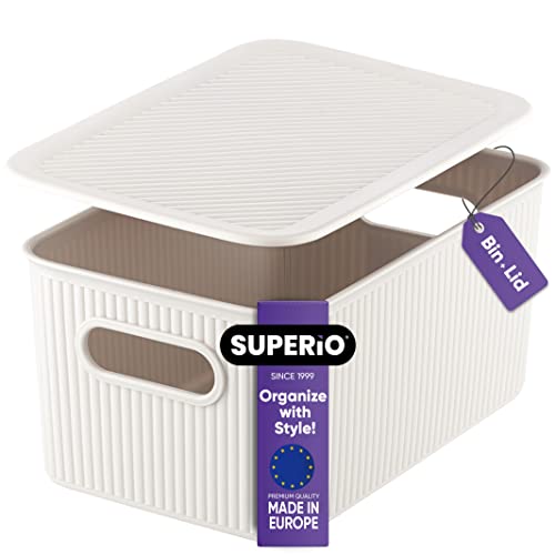 Superio Ribbed Collection - Decorative Plastic Lidded Home Storage Bins Organizer Baskets, Medium White Smoke (1 Pack - 5 Liter) Stackable Container Box, for Organizing Closet Shelves Drawer Shelf