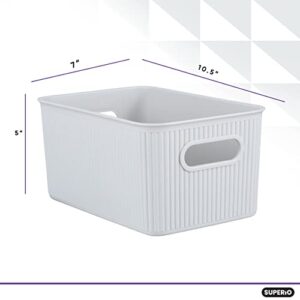 Superio Ribbed Collection - Decorative Plastic Lidded Home Storage Bins Organizer Baskets, Medium White Smoke (1 Pack - 5 Liter) Stackable Container Box, for Organizing Closet Shelves Drawer Shelf