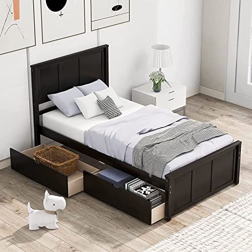 Harper & Bright Designs Twin Bed with Storage Drawers, Solid Wood Platform Bed Frame with Headboard - Espresso