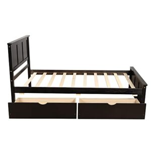 Harper & Bright Designs Twin Bed with Storage Drawers, Solid Wood Platform Bed Frame with Headboard - Espresso