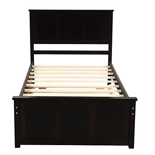 Harper & Bright Designs Twin Bed with Storage Drawers, Solid Wood Platform Bed Frame with Headboard - Espresso