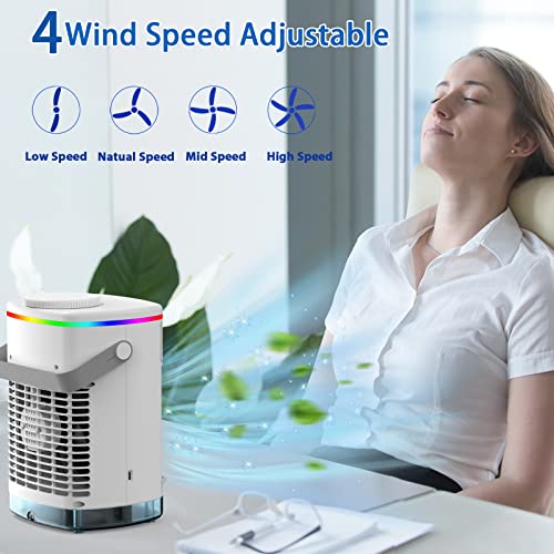 Portable Air Conditioner,4 IN 1 Effective Evaporative Personal Air Cooler with 4 Wind Speed&2 Cool Mist,Small Cold Air Fan with 2-8H timer&Colorful Nightlight for Room,Office,Desk,Camping (Blue)