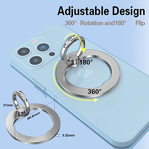 AUROX Magnetic Phone Ring Holder for iPhone 14 13 12 Magnetic Phone Grip for Magsafe Accessories 360° Rotation Adjustable Phone Finger Ring Grip Stand【Removable for Wireless Charging】(Silver)