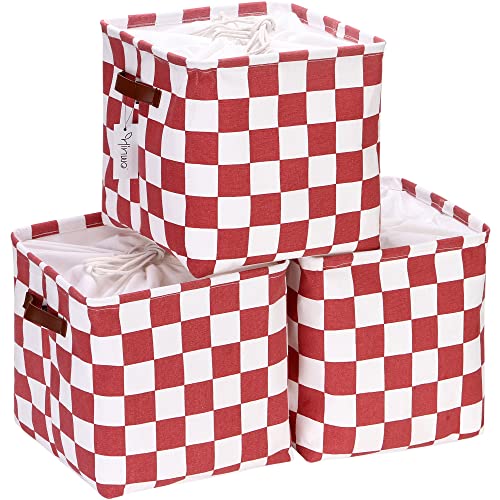 Hinwo 3-Pack Cubic Organizer Shelf Bins, Canvas Fabric Storage Baskets with Handles, 22L/5.8-Gal Square Storage Bins, Cubes, Collapsible Storage Box, 11 x 11 x 11 Inches (S, Red Checkerboard)