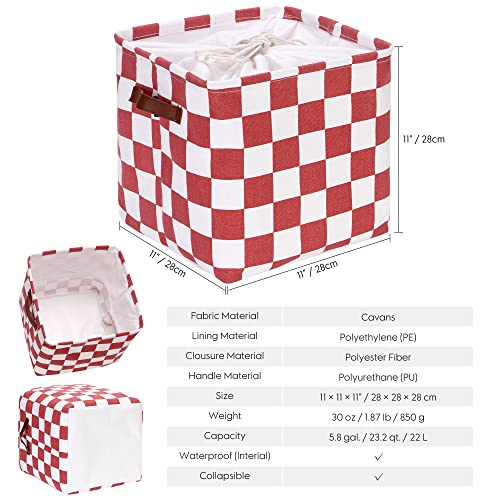 Hinwo 3-Pack Cubic Organizer Shelf Bins, Canvas Fabric Storage Baskets with Handles, 22L/5.8-Gal Square Storage Bins, Cubes, Collapsible Storage Box, 11 x 11 x 11 Inches (S, Red Checkerboard)