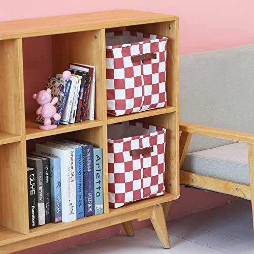 Hinwo 3-Pack Cubic Organizer Shelf Bins, Canvas Fabric Storage Baskets with Handles, 22L/5.8-Gal Square Storage Bins, Cubes, Collapsible Storage Box, 11 x 11 x 11 Inches (S, Red Checkerboard)