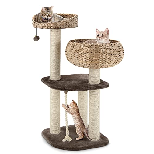 Tangkula Modern Cat Tree for Indoor Cats, Small/Tall Cat Tree with Natural Sisal Scratching Post, Hand-Made Wicker Cat Condo & Top Perch, Funny Hanging Toy Ball, Cute Cat Tree Tower for Large Cats