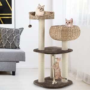 Tangkula Modern Cat Tree for Indoor Cats, Small/Tall Cat Tree with Natural Sisal Scratching Post, Hand-Made Wicker Cat Condo & Top Perch, Funny Hanging Toy Ball, Cute Cat Tree Tower for Large Cats