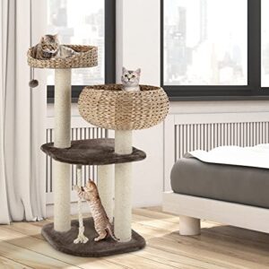 Tangkula Modern Cat Tree for Indoor Cats, Small/Tall Cat Tree with Natural Sisal Scratching Post, Hand-Made Wicker Cat Condo & Top Perch, Funny Hanging Toy Ball, Cute Cat Tree Tower for Large Cats