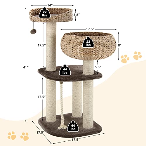 Tangkula Modern Cat Tree for Indoor Cats, Small/Tall Cat Tree with Natural Sisal Scratching Post, Hand-Made Wicker Cat Condo & Top Perch, Funny Hanging Toy Ball, Cute Cat Tree Tower for Large Cats