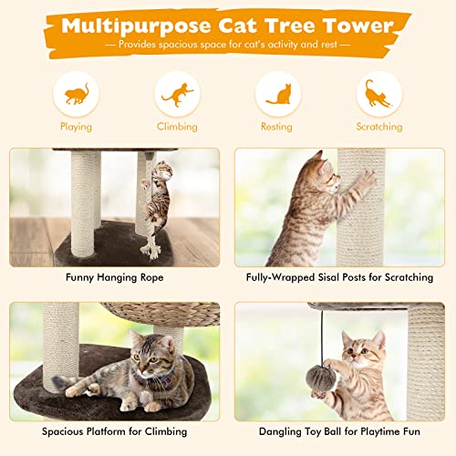 Tangkula Modern Cat Tree for Indoor Cats, Small/Tall Cat Tree with Natural Sisal Scratching Post, Hand-Made Wicker Cat Condo & Top Perch, Funny Hanging Toy Ball, Cute Cat Tree Tower for Large Cats