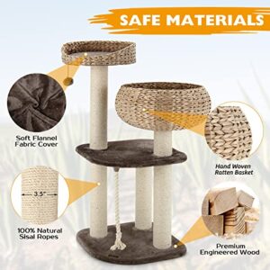 Tangkula Modern Cat Tree for Indoor Cats, Small/Tall Cat Tree with Natural Sisal Scratching Post, Hand-Made Wicker Cat Condo & Top Perch, Funny Hanging Toy Ball, Cute Cat Tree Tower for Large Cats