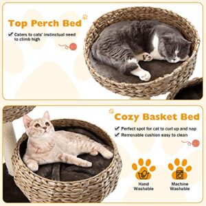 Tangkula Modern Cat Tree for Indoor Cats, Small/Tall Cat Tree with Natural Sisal Scratching Post, Hand-Made Wicker Cat Condo & Top Perch, Funny Hanging Toy Ball, Cute Cat Tree Tower for Large Cats