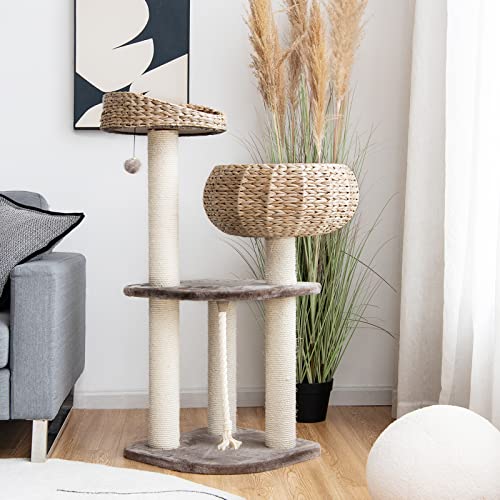 Tangkula Modern Cat Tree for Indoor Cats, Small/Tall Cat Tree with Natural Sisal Scratching Post, Hand-Made Wicker Cat Condo & Top Perch, Funny Hanging Toy Ball, Cute Cat Tree Tower for Large Cats