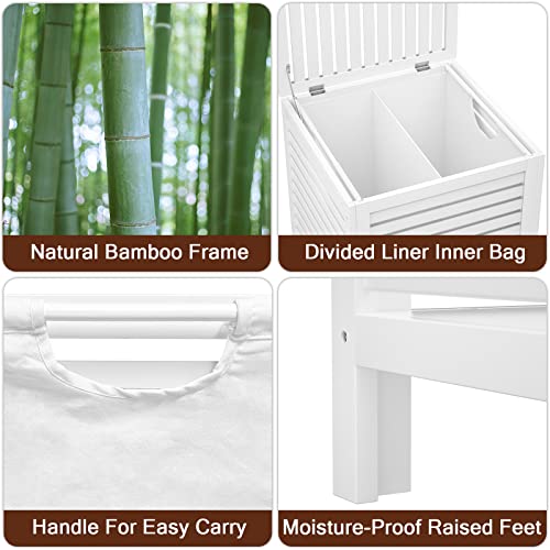 Homykic Bamboo Laundry Hamper, 2-Section 120L with Lid and Removable Liner Bag, Large Raised Laundry Basket Sorter for Clothes, Bathroom, Bedroom, Easy to Assemble, White