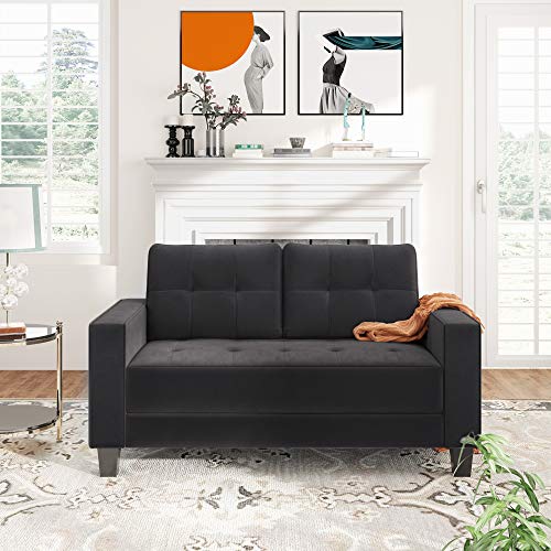 Merax Modern Mid Century Comfy Loveseat Tufted Velvet Sofa for Living Room Bedroom Office Black Love, 2-Seat