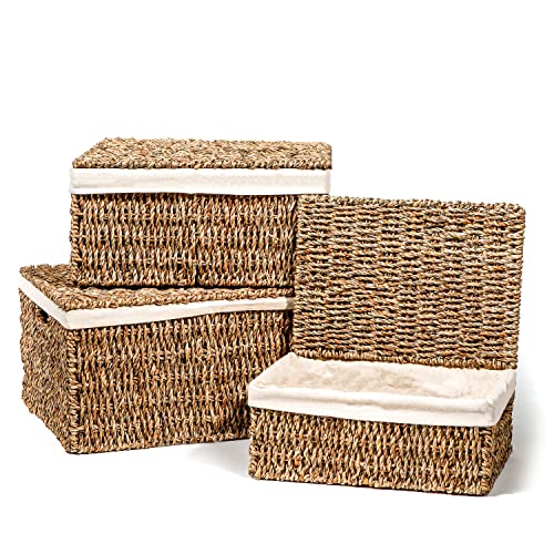 Set of 3 Rectangular Seagrass Baskets with Lids and Removable Fabric Liners by Trademark Innovations (Small)