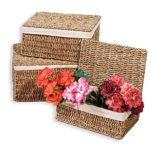 Set of 3 Rectangular Seagrass Baskets with Lids and Removable Fabric Liners by Trademark Innovations (Small)