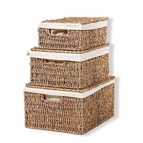 Set of 3 Rectangular Seagrass Baskets with Lids and Removable Fabric Liners by Trademark Innovations (Small)