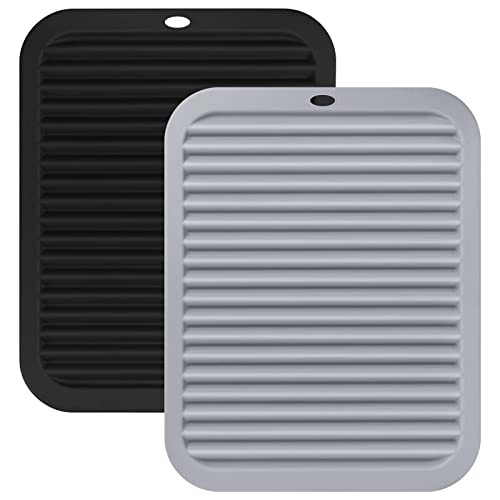 tifanso 2PCS Silicone Trivets for Hot Dishes, 9"x11.5" Trivets for Hot Pots and Pans Quartz Countertops, Hot Pads for Kitchen Countertops, Heat Resistant Mat for All Hair Styling Tools(Black and Gray)