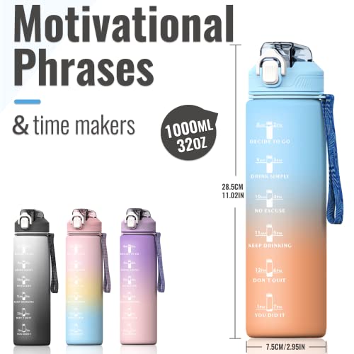 Bugucat Water Bottle 32OZ, Tritan Drinks Bottle with Straw and Time Markings, Jug Leak Proof,Sport Water Storage Container for Teenager Adult, Water Bottle for Gym School Cycling Fitness Outdoor