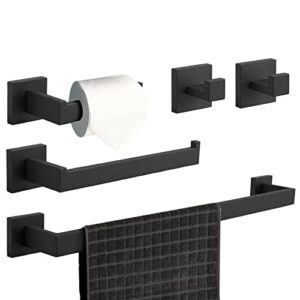 bathlavish matte black bathroom accessories set hardware 5-piece towel bar holder sets hand towel rack holder and 2 towel hooks, stainless steel wall mounted