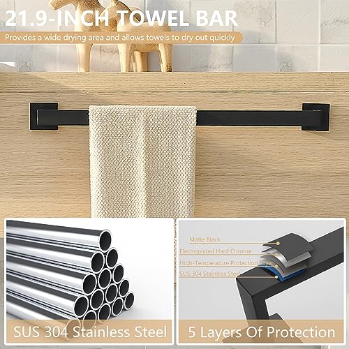 BATHLAVISH Matte Black Bathroom Accessories Set Hardware 5-Piece Towel Bar Holder Sets Hand Towel Rack Holder and 2 Towel Hooks, Stainless Steel Wall Mounted