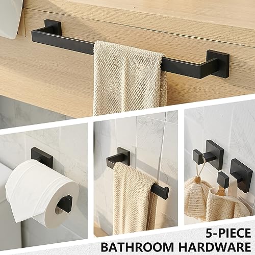 BATHLAVISH Matte Black Bathroom Accessories Set Hardware 5-Piece Towel Bar Holder Sets Hand Towel Rack Holder and 2 Towel Hooks, Stainless Steel Wall Mounted