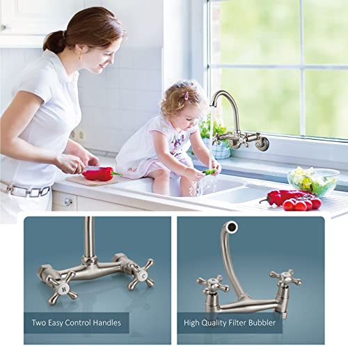 Aolemi Wall Mount Kitchen Faucet Brushed Nickel 6 Inch Center Commercial Mixer Tap with Swivel Spout Double Cross Handle Utility Sink Faucets 3 to 9 Inch Adjustable Hole Distance