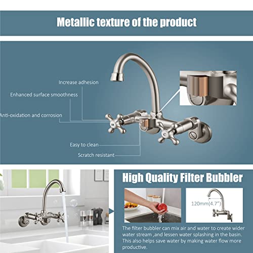 Aolemi Wall Mount Kitchen Faucet Brushed Nickel 6 Inch Center Commercial Mixer Tap with Swivel Spout Double Cross Handle Utility Sink Faucets 3 to 9 Inch Adjustable Hole Distance