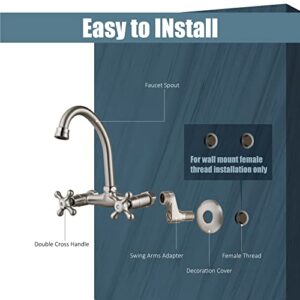 Aolemi Wall Mount Kitchen Faucet Brushed Nickel 6 Inch Center Commercial Mixer Tap with Swivel Spout Double Cross Handle Utility Sink Faucets 3 to 9 Inch Adjustable Hole Distance