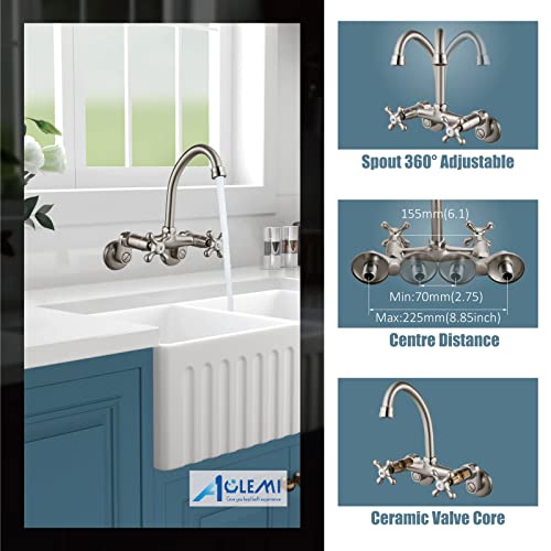 Aolemi Wall Mount Kitchen Faucet Brushed Nickel 6 Inch Center Commercial Mixer Tap with Swivel Spout Double Cross Handle Utility Sink Faucets 3 to 9 Inch Adjustable Hole Distance