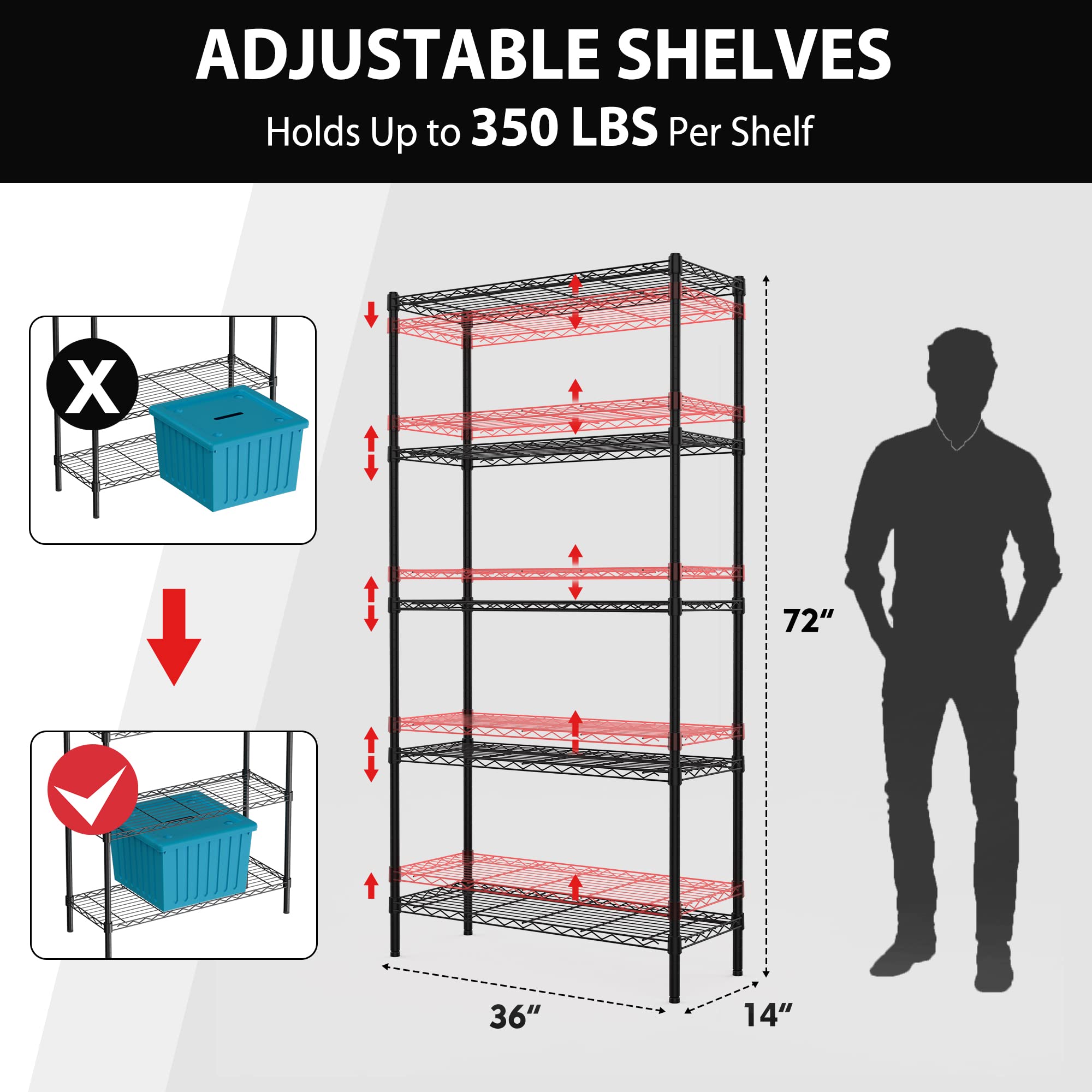 WORKPRO 5-Tier Wire Shelving Unit, 36”W x 14”D x 72”H Metal Storage Shelves Rack, Heavy Duty Utility Shelving, 1750 LBS Load Capacity (Total), Kitchen, Living Room, Basement, Garage